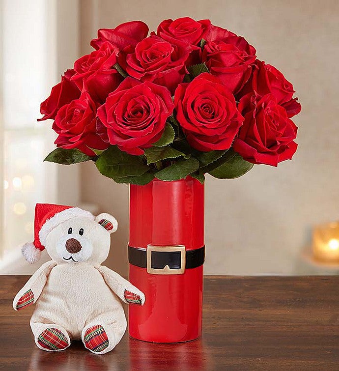 Merry Red Roses with Santa Bear