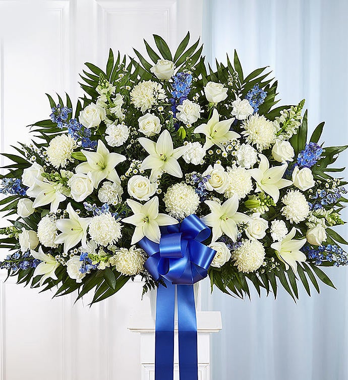 Heartfelt Sympathies™ Blue & White Standing Basket | 1800Flowers.com ...